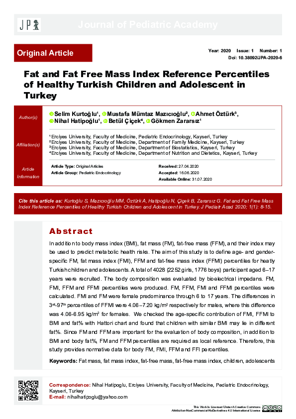 (PDF) Fat and fat free mass index reference percentiles of healthy Turkish children and ...