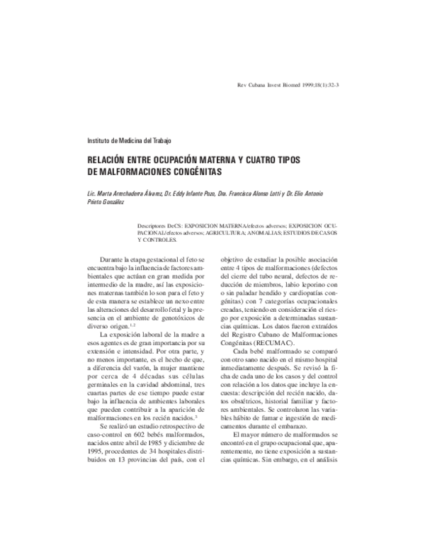 (PDF) Relación Entre Ocupación Materna y Cuatro Tiposde Malformaciones Congénitas