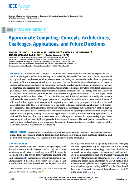 (PDF) Approximate Computing: Concepts, Architectures, Challenges, Applications, and Future ...