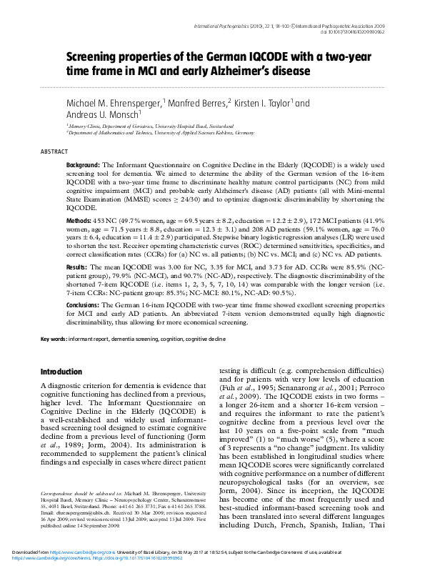 (PDF) Screening properties of the German IQCODE with a two-year time ...