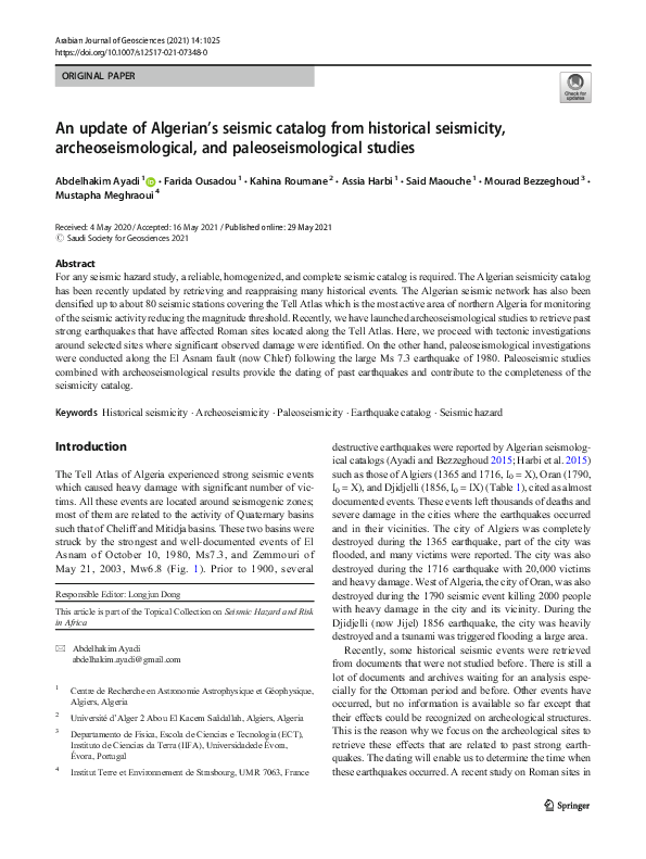 (PDF) An update of Algerian’s seismic catalog from historical seismicity, archeoseismological ...