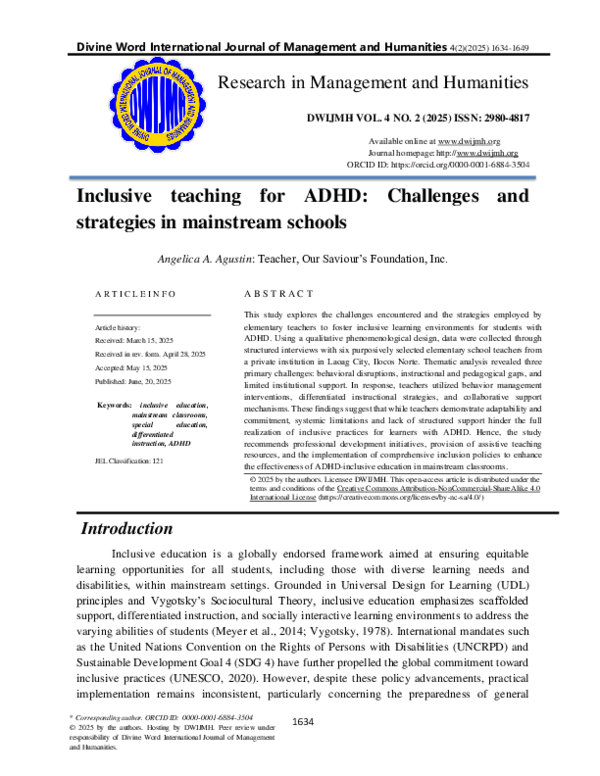 (PDF) Inclusive teaching for ADHD: Challenges and strategies in mainstream schools