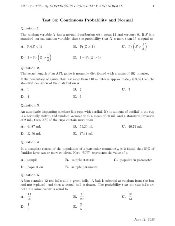(PDF) Test 34: Continuous Probability and Normal