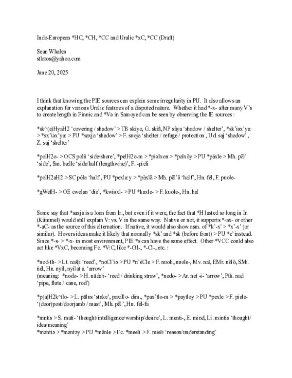 (PDF) Indo-European *HC, *CH, *CC and Uralic *xC, *CC (Draft)