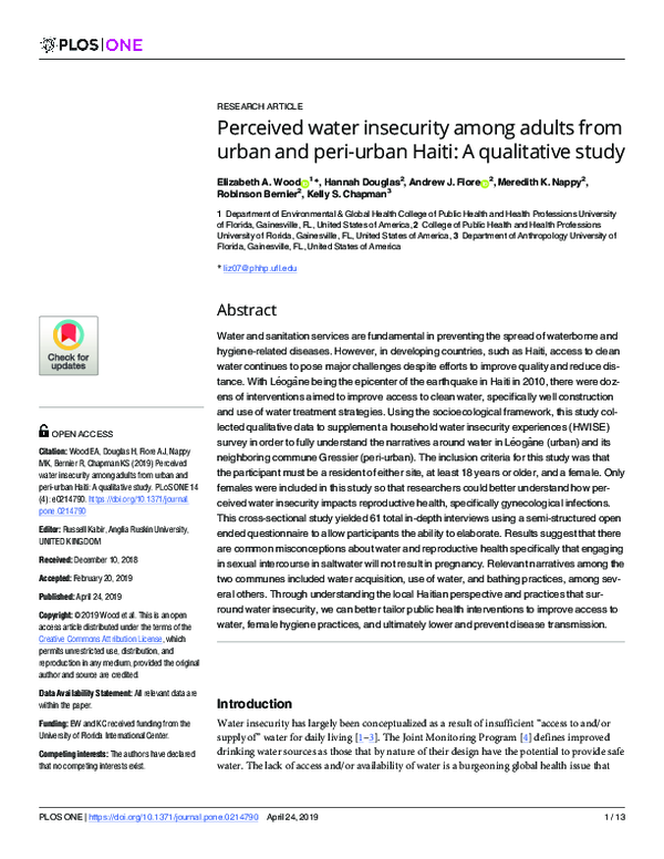 (PDF) Perceived water insecurity among adults from urban and peri-urban ...