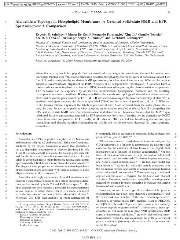 (PDF) Alamethicin Topology in Phospholipid Membranes by Oriented Solid ...