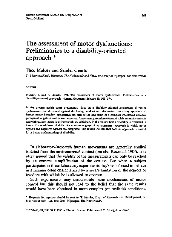(PDF) The assessment of motor dysfunctions: Preliminaries to a ...