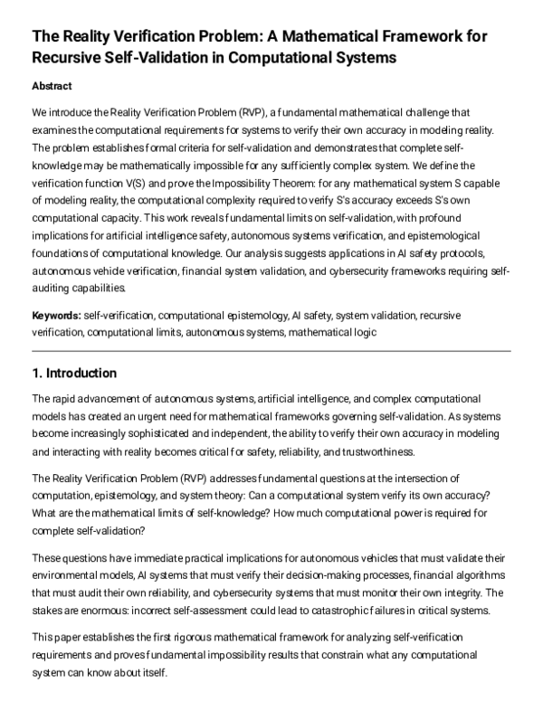 (PDF) The Reality Verification Problem A Mathematical Framework