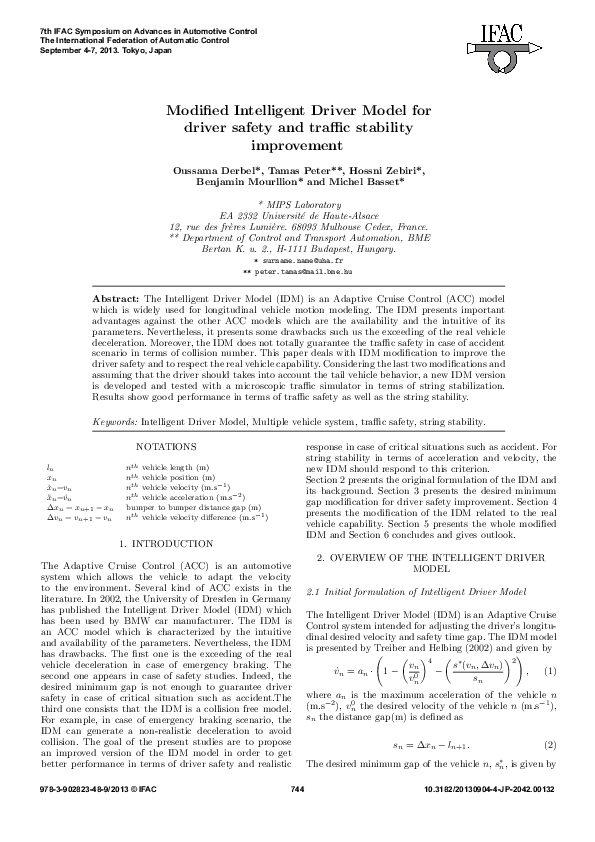 (PDF) Modified Intelligent Driver Model for driver safety and traffic ...