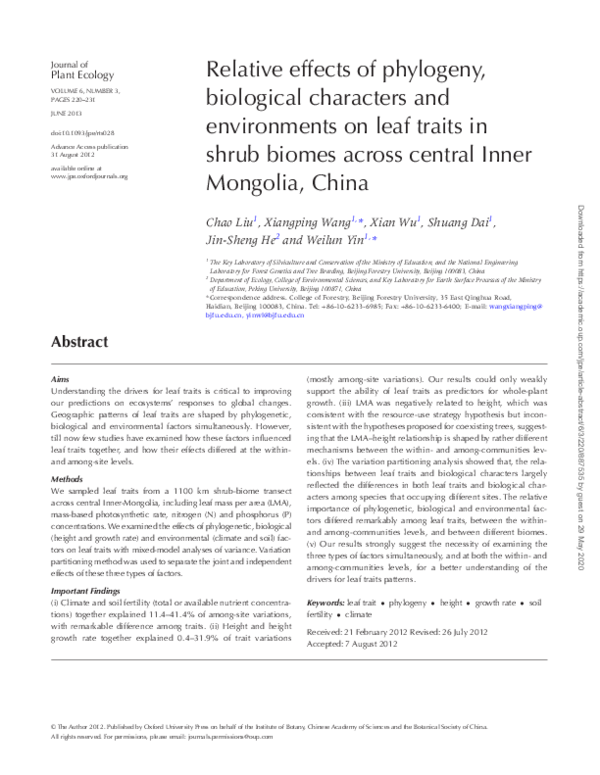 (PDF) Relative effects of phylogeny, biological characters and ...