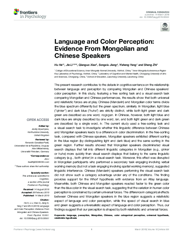 (PDF) Language and Color Perception: Evidence From Mongolian and ...