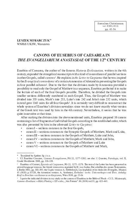 (PDF) Canons of Eusebius of Caesarea in The Evangeliarium Anastasiae of ...