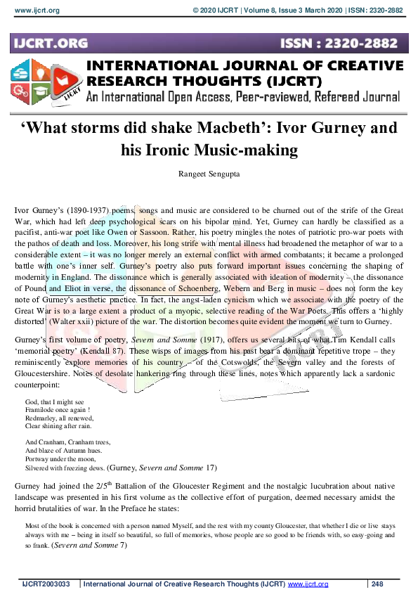 (PDF) 'What storms did shake Macbeth': Ivor Gurney and his Ironic Music ...