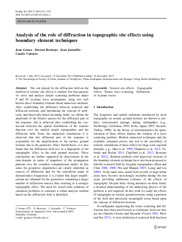 (PDF) Analysis of the role of diffraction in topographic site effects using boundary element ...