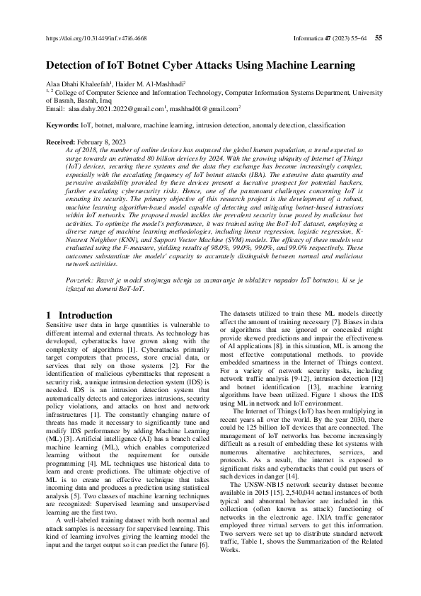 (PDF) Detection of IoT Botnet Cyber Attacks using Machine Learning