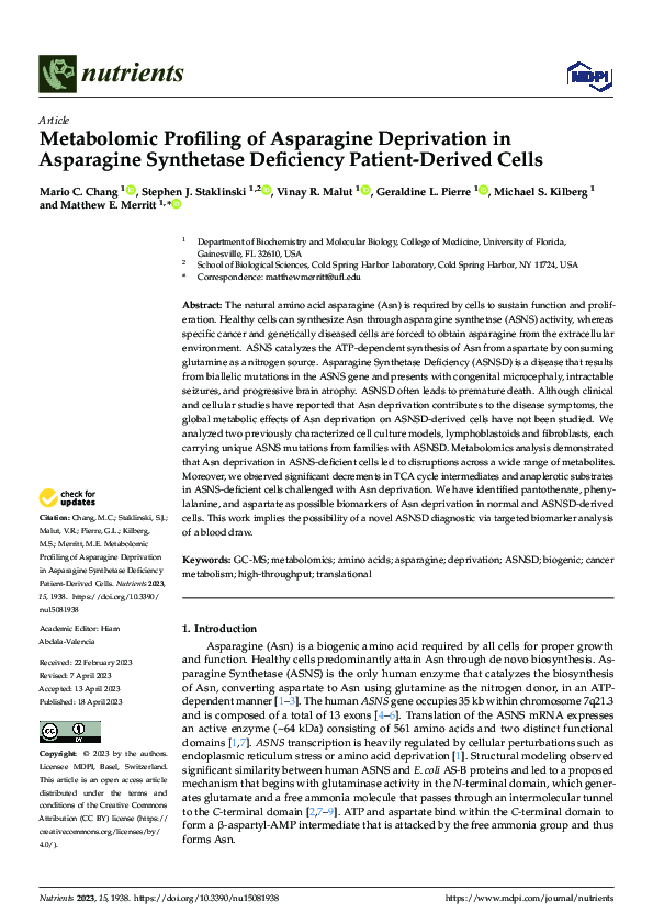 (PDF) Metabolomic Profiling of Asparagine Deprivation in Asparagine ...