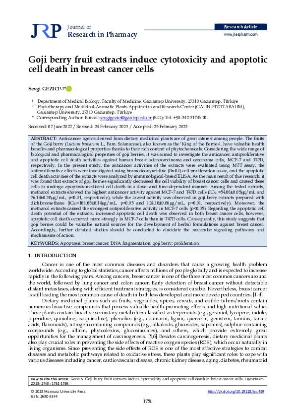(PDF) Goji berry fruit extracts induce cytotoxicity and apoptotic cell ...