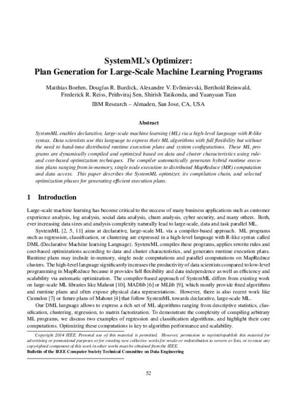 (PDF) SystemML’s Optimizer: Plan Generation for Large-Scale Machine Learning Programs