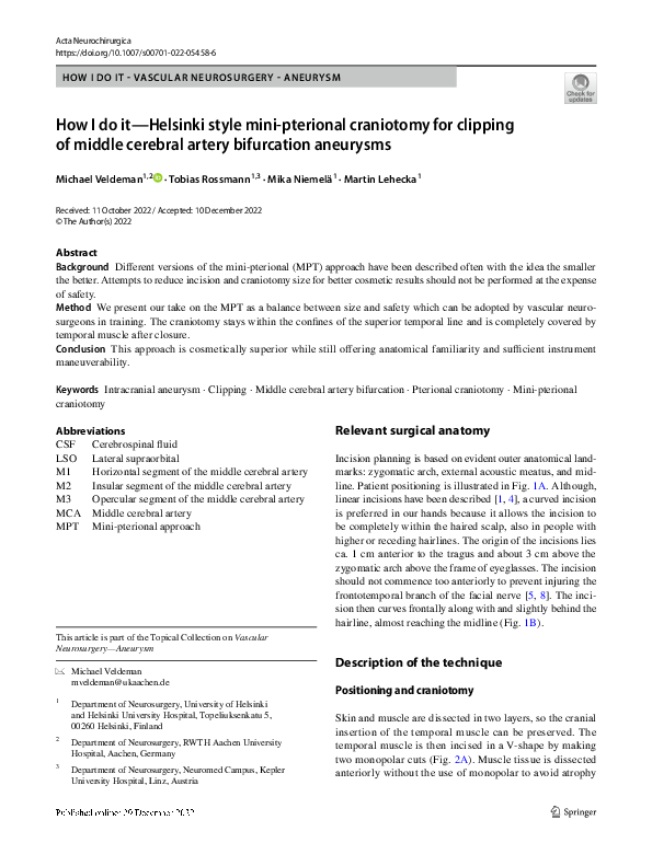 (PDF) How I do it—Helsinki style mini-pterional craniotomy for clipping ...