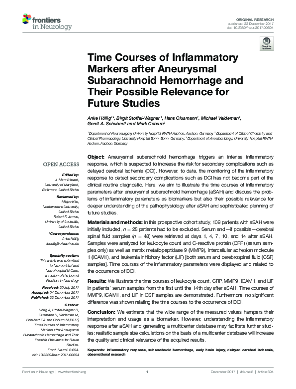 (PDF) Time Courses of Inflammatory Markers after Aneurysmal ...