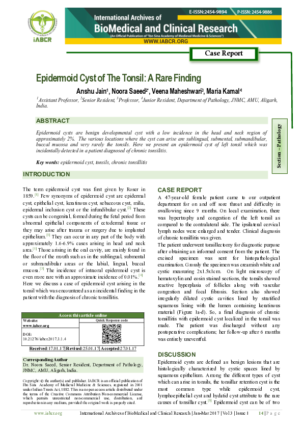 (PDF) Epidermoid Cyst of The Tonsil: A Rare Finding