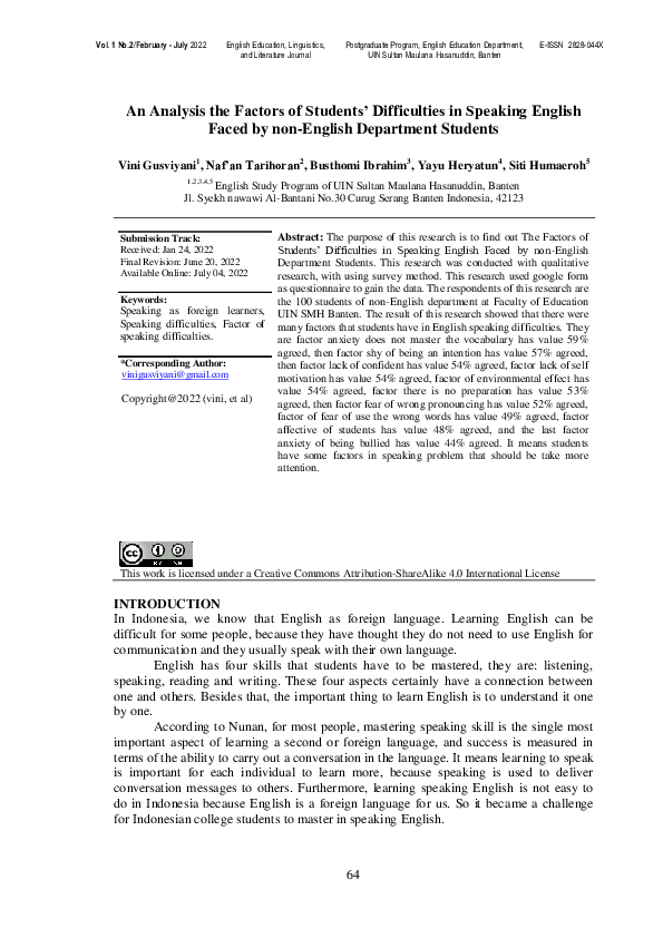 (PDF) An Analysis the Factors of Students’ Difficulties in Speaking ...