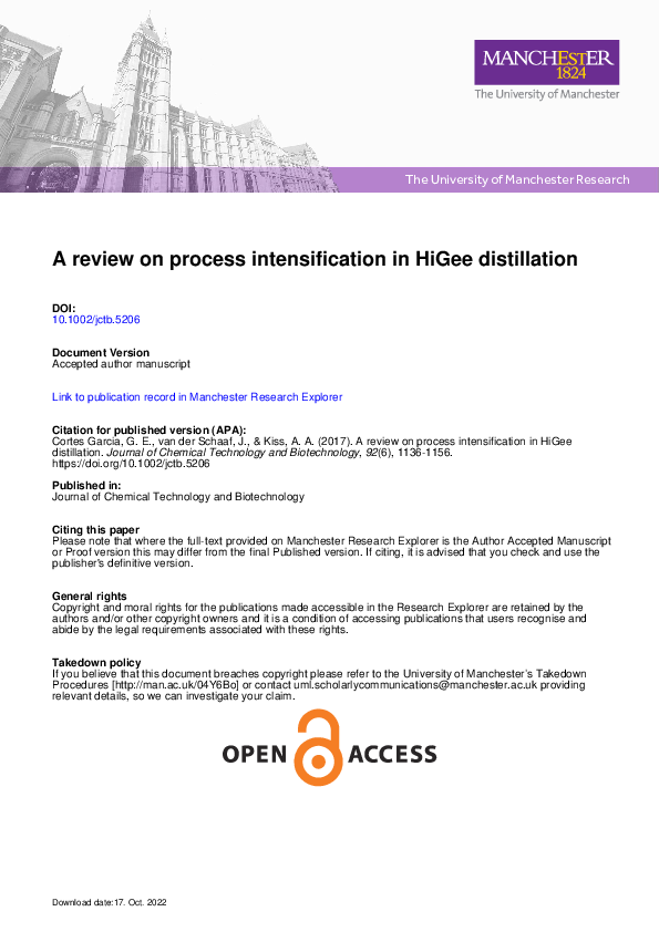 (PDF) A review on process intensification in HiGee distillation