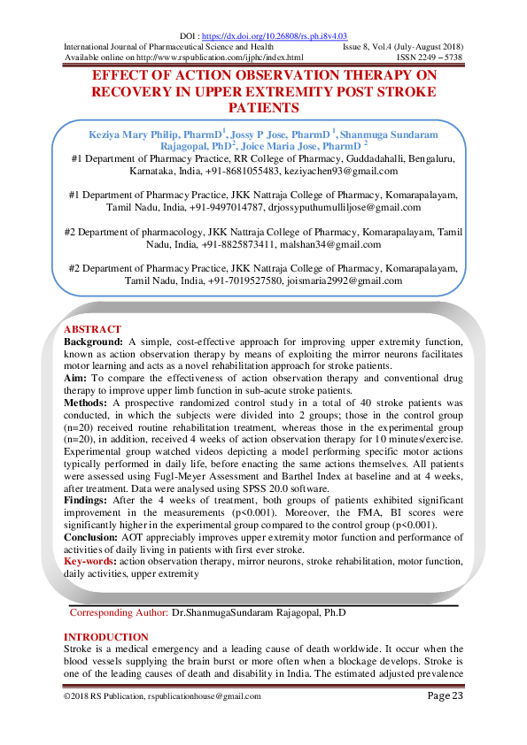 (PDF) Effect of Action Observation Therapy on Recovery in Upper ...