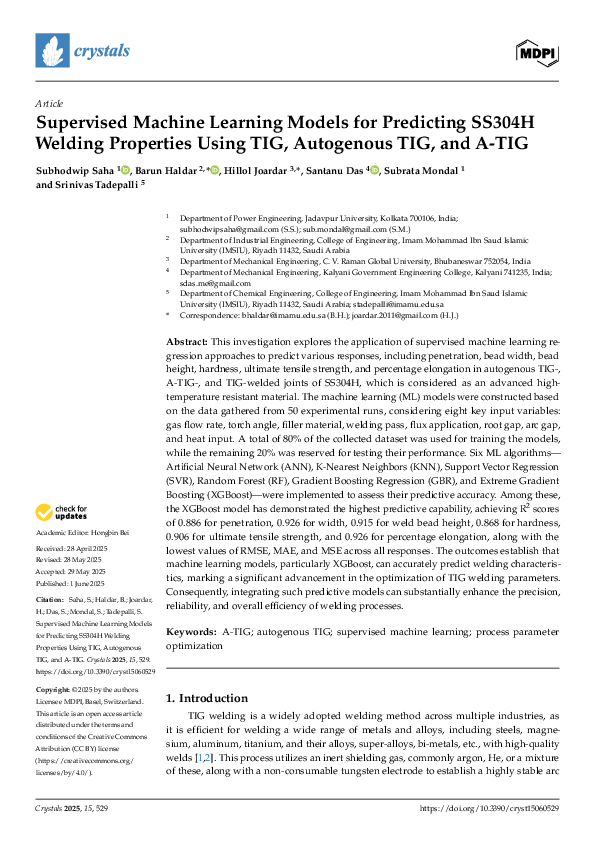 (PDF) Supervised Machine Learning Models for Predicting SS304H Welding Properties Using TIG ...