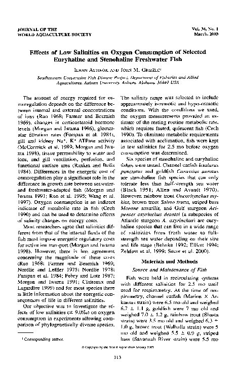 (PDF) Effects of Low Salinities on Oxygen Consumption of Selected ...