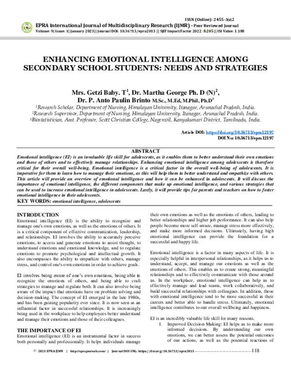 (PDF) Enhancing Emotional Intelligence Among Secondary School Students: Needs and Strategies