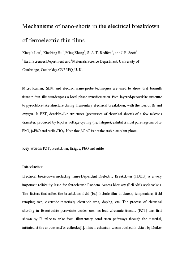 (PDF) Mechanisms of Nano-Shorts in the Electrical Breakdown of ...
