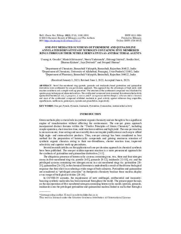 (PDF) One-pot mediated synthesis of pyrimidine and quinazoline ...