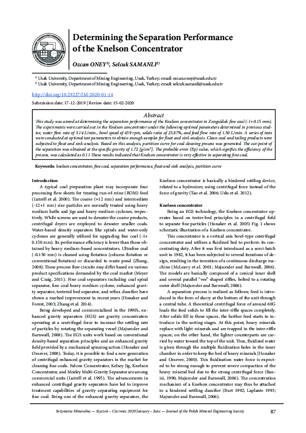 (PDF) Determining the Separation Performance of the Knelson Concentrator