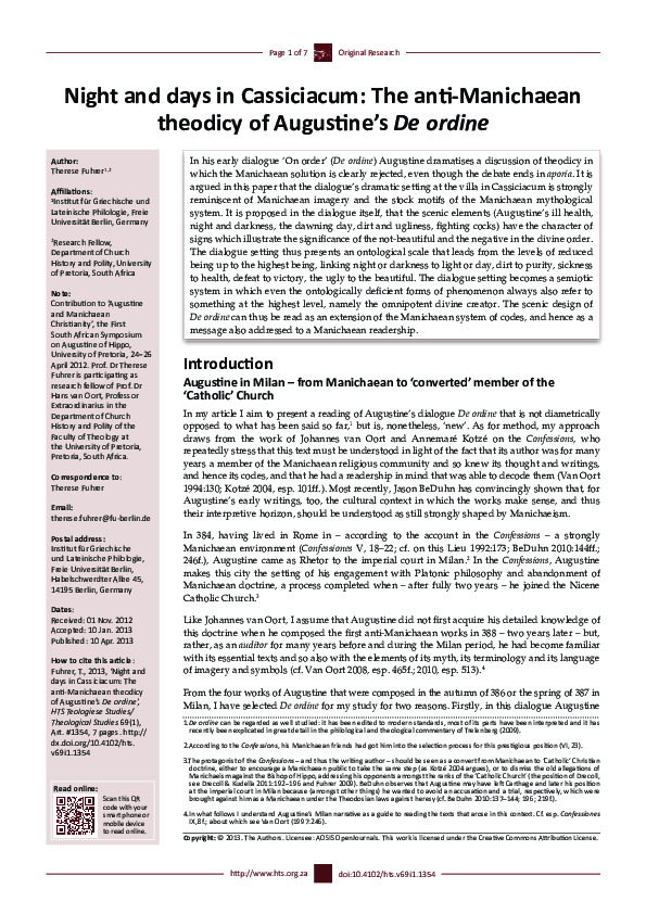 (PDF) Night and days in Cassiciacum: The anti-Manichaean theodicy of ...