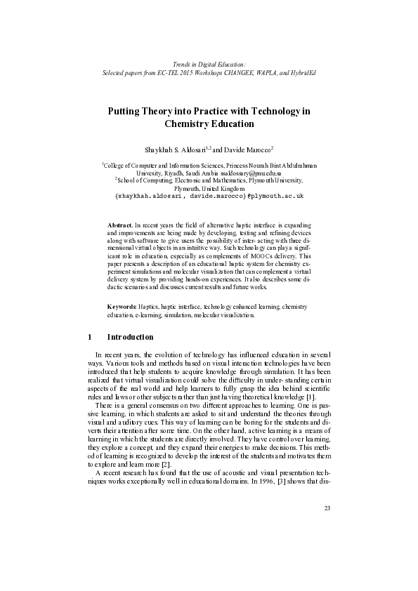 (PDF) Putting Theory into Practice with Technology in Chemistry Education