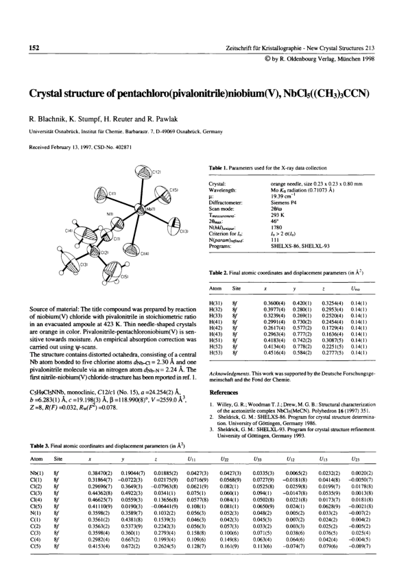(PDF) Crystal structure of pentachloro(pivalonitrile)niobium(V), NbCl5 ...