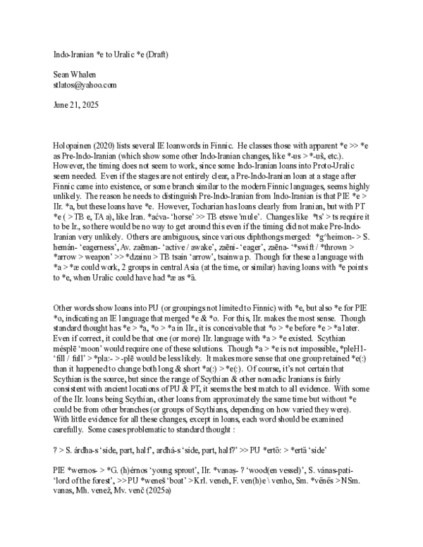 (PDF) Indo-Iranian *e to Uralic *e (Draft)