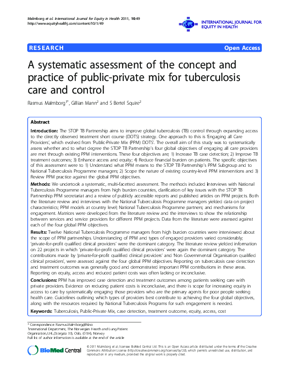(PDF) A systematic assessment of the concept and practice of public-private mix for tuberculosis ...
