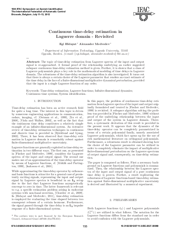 (PDF) Continuous time-delay estimation in Laguerre domain - Revisited