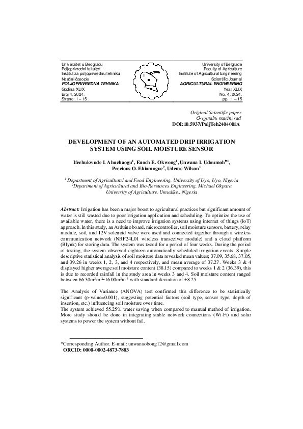 (PDF) DEVELOPMENT OF AN AUTOMATED DRIP IRRIGATION SYSTEM USING SOIL MOISTURE SENSOR