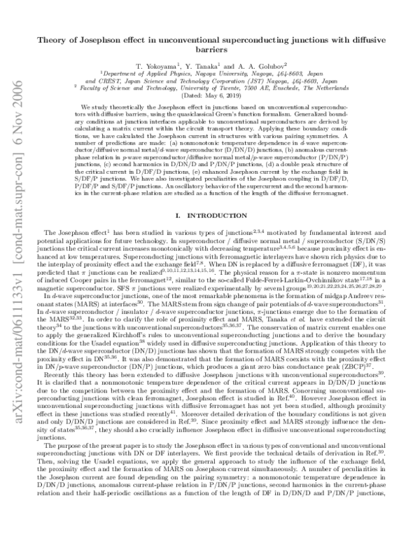(PDF) Theory of the Josephson effect in unconventional superconducting junctions with diffusive ...