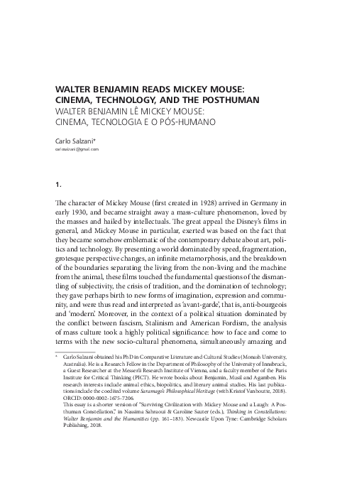 (PDF) Walter Benjamin Reads Mickey Mouse: Cinema, Technology, and the ...
