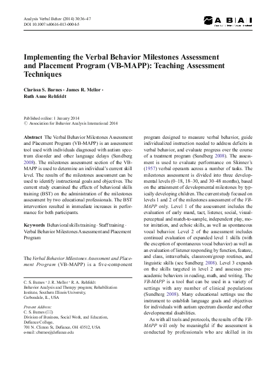 (PDF) Implementing the Verbal Behavior Milestones Assessment and ...