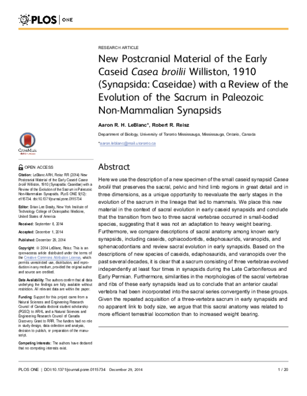 (PDF) New Postcranial Material of the Early Caseid Casea broilii ...