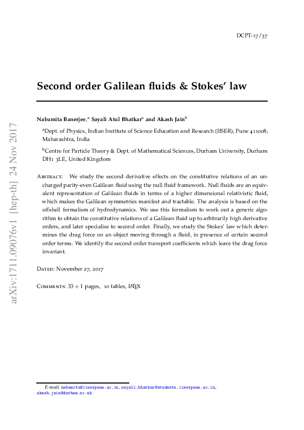 (PDF) Second order Galilean fluids and Stokes’ law