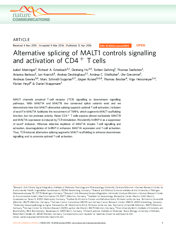 (PDF) Alternative splicing of MALT1 controls signalling and activation ...