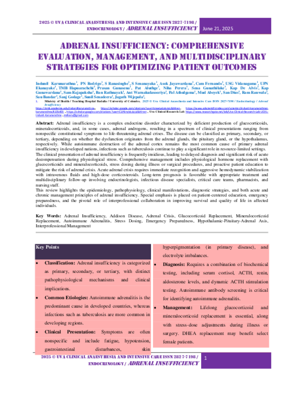 (PDF) Adrenal Insufficiency: Comprehensive Evaluation, and Management
