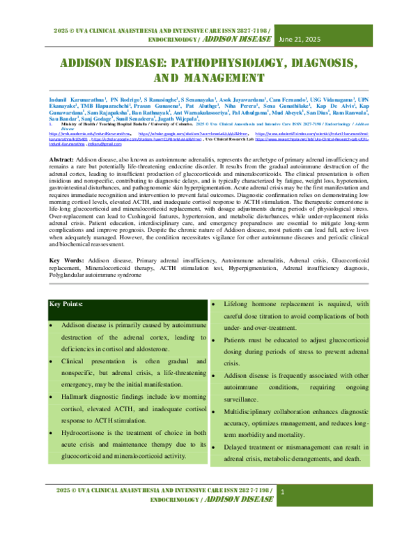 (PDF) Addison Disease: Pathophysiology, Diagnosis, and Management