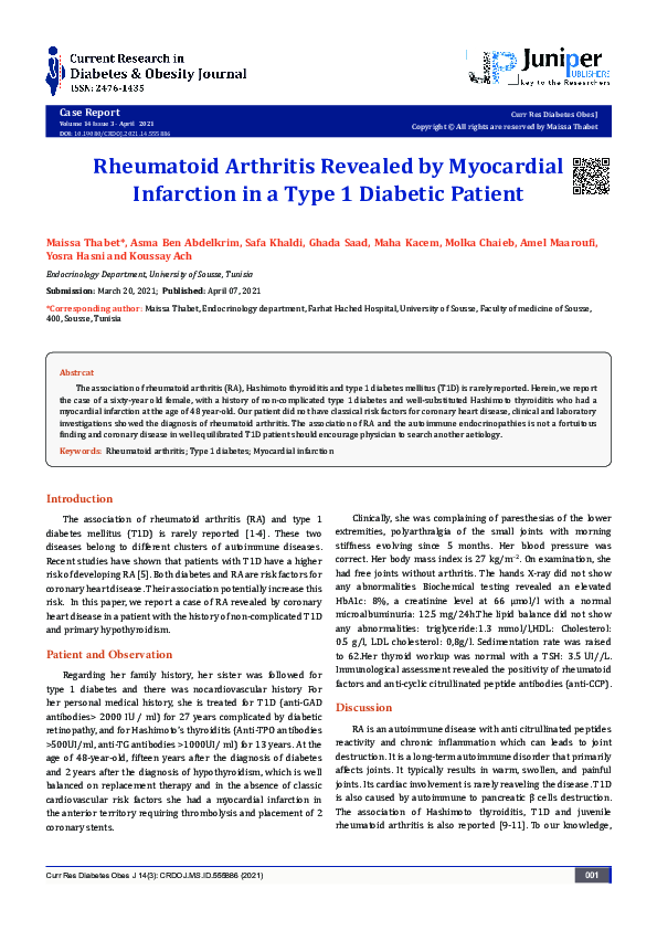 (PDF) Rheumatoid Arthritis Revealed by Myocardial Infarction in a Type ...